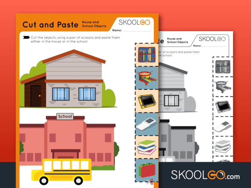 Cut and Paste - House and School Objects - Free Worksheet for Kids