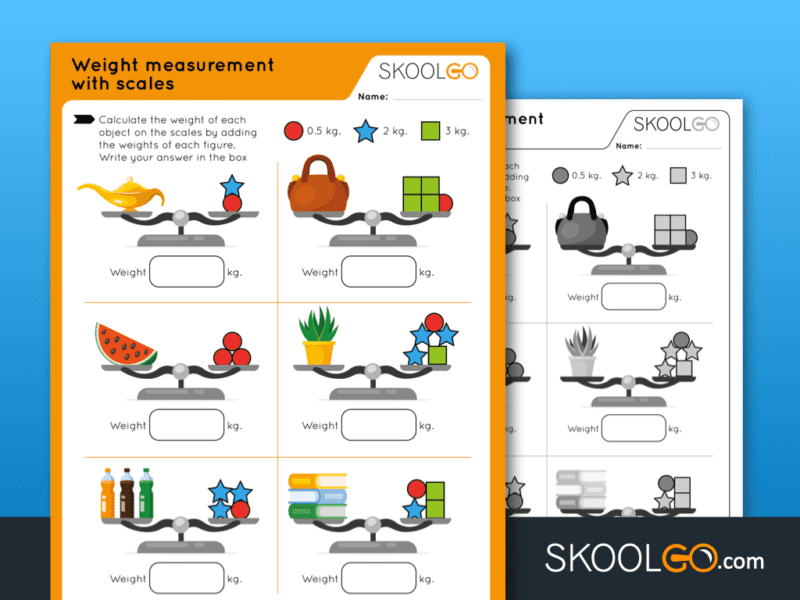 Weight Measurement with Scales - Free Worksheet for Kids by SKOOLGO
