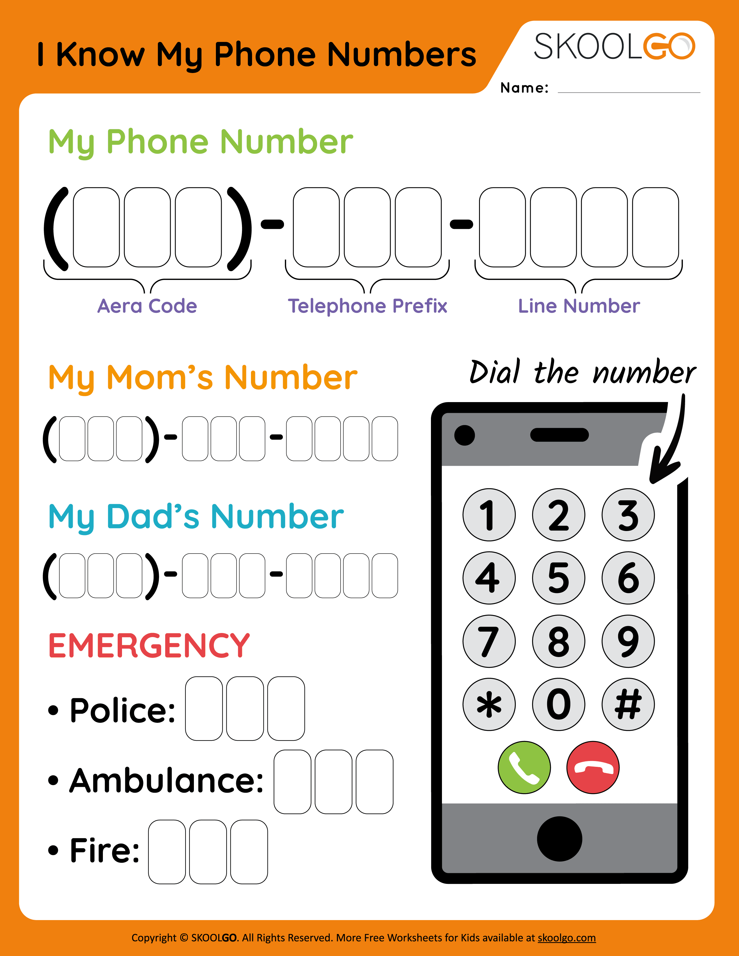 I Know My Phone Numbers Free Worksheet SKOOLGO