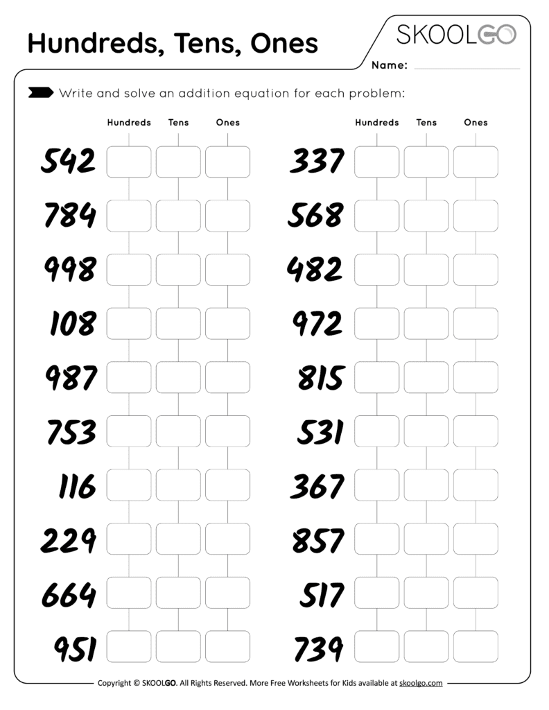 Hundreds Tens Ones Free Worksheet For Kids SKOOLGO