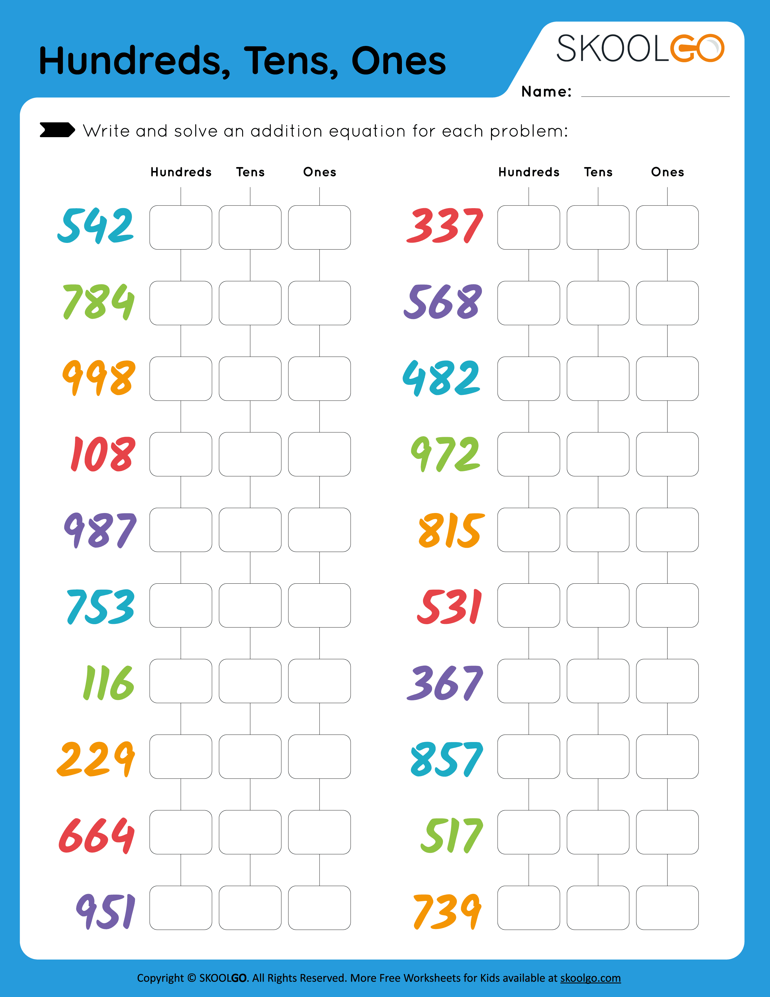 Hundreds Tens Ones Free Worksheet For Kids SKOOLGO