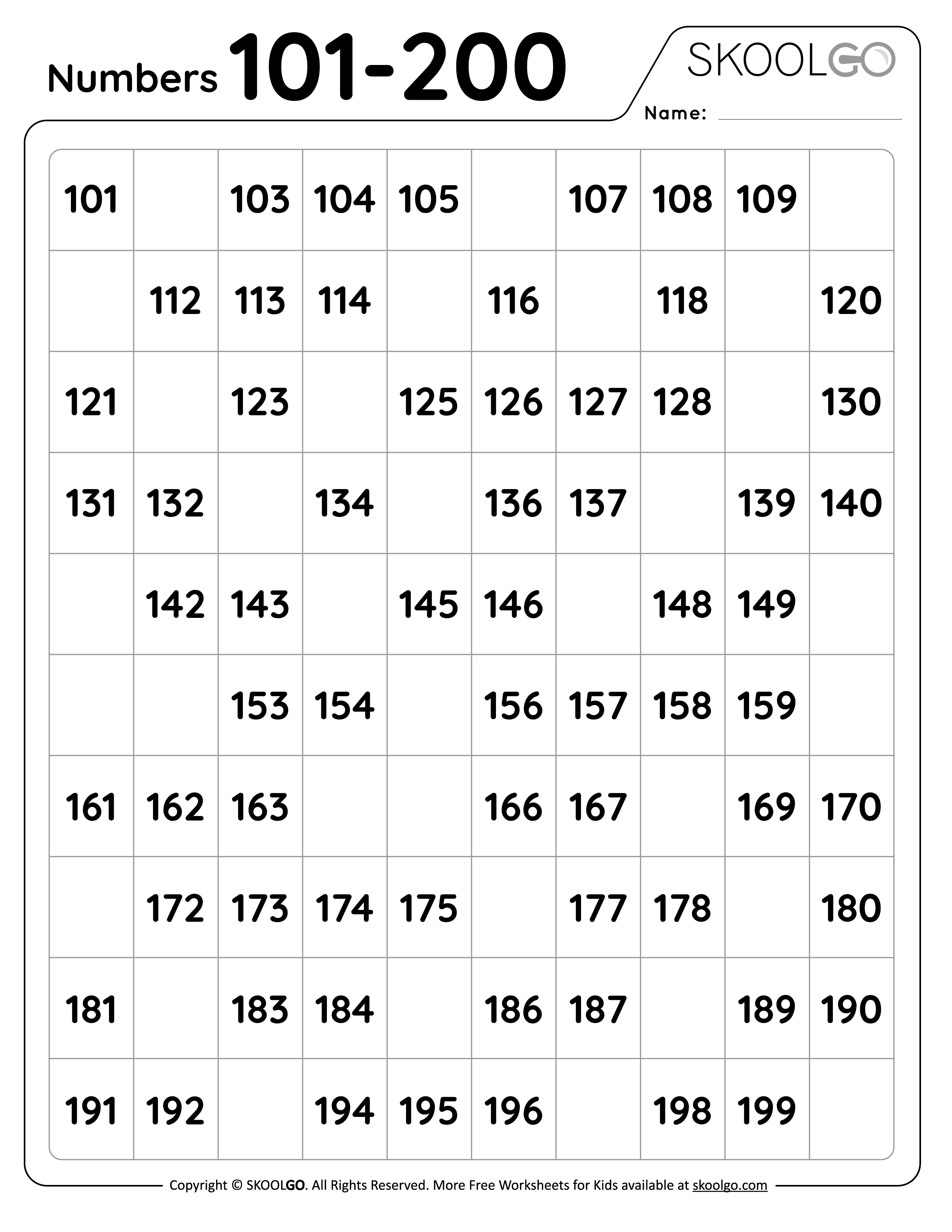 Numbers 101 To 200 Free Worksheet For Kids SKOOLGO