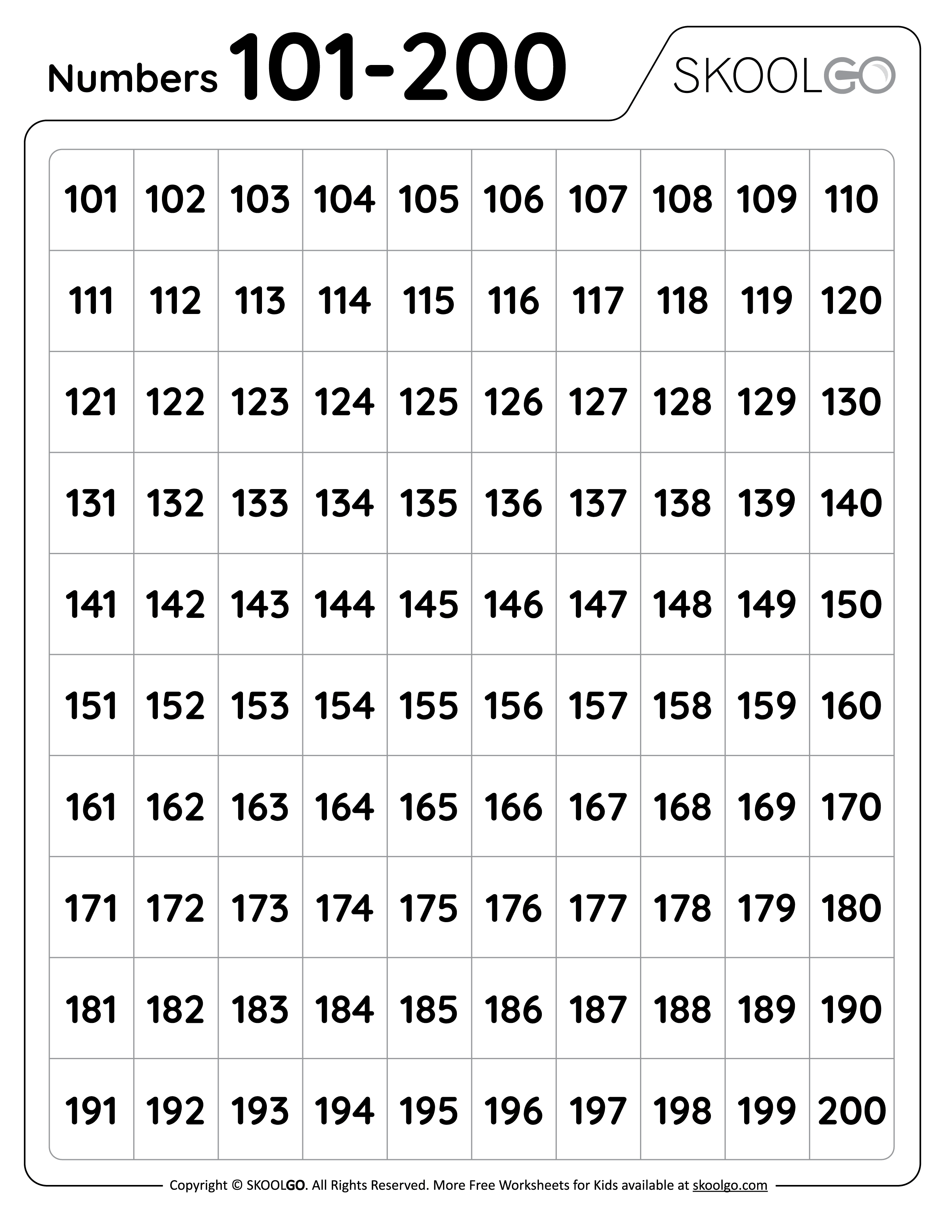 Number Chart From 101 To 200