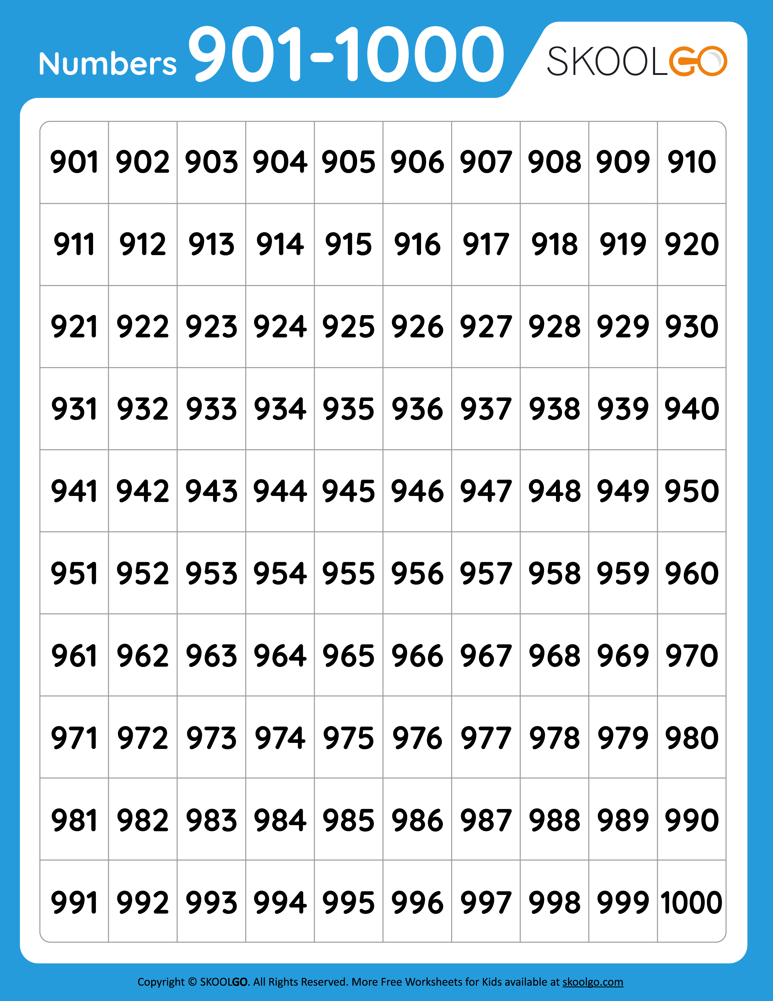 Numbers 901 To 1000 Free Worksheet For Kids SKOOLGO