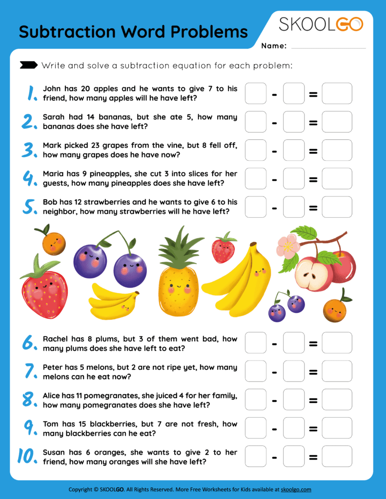 Subtraction Word Problems Free Worksheet For Kids SKOOLGO
