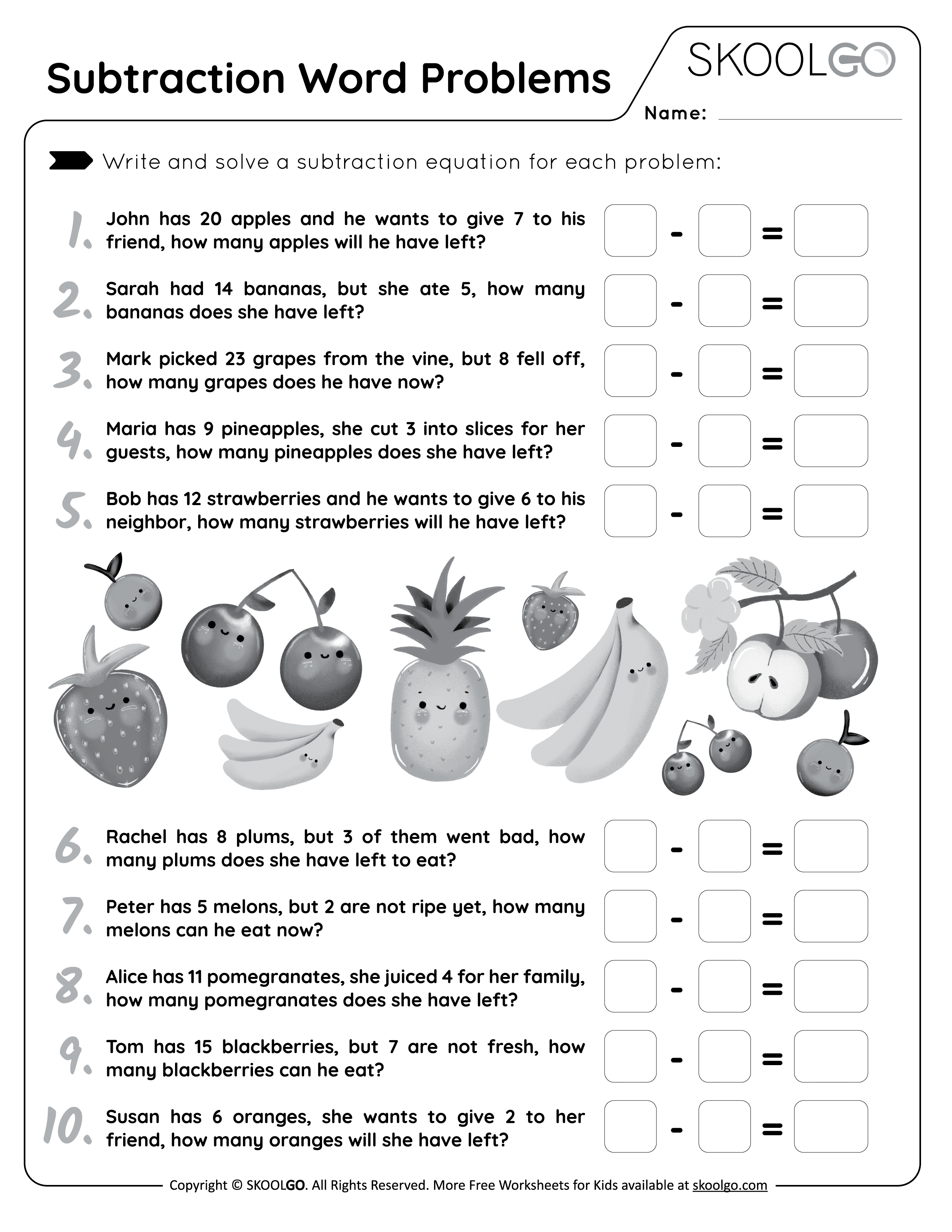 Subtraction Word Problems Free Worksheet For Kids SKOOLGO