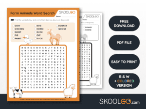 Farm Animals Word Search - Free Game for kids - SKOOLGO