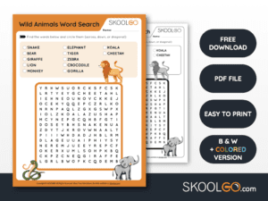 Wild Animals Word Search - Free Game for kids - SKOOLGO