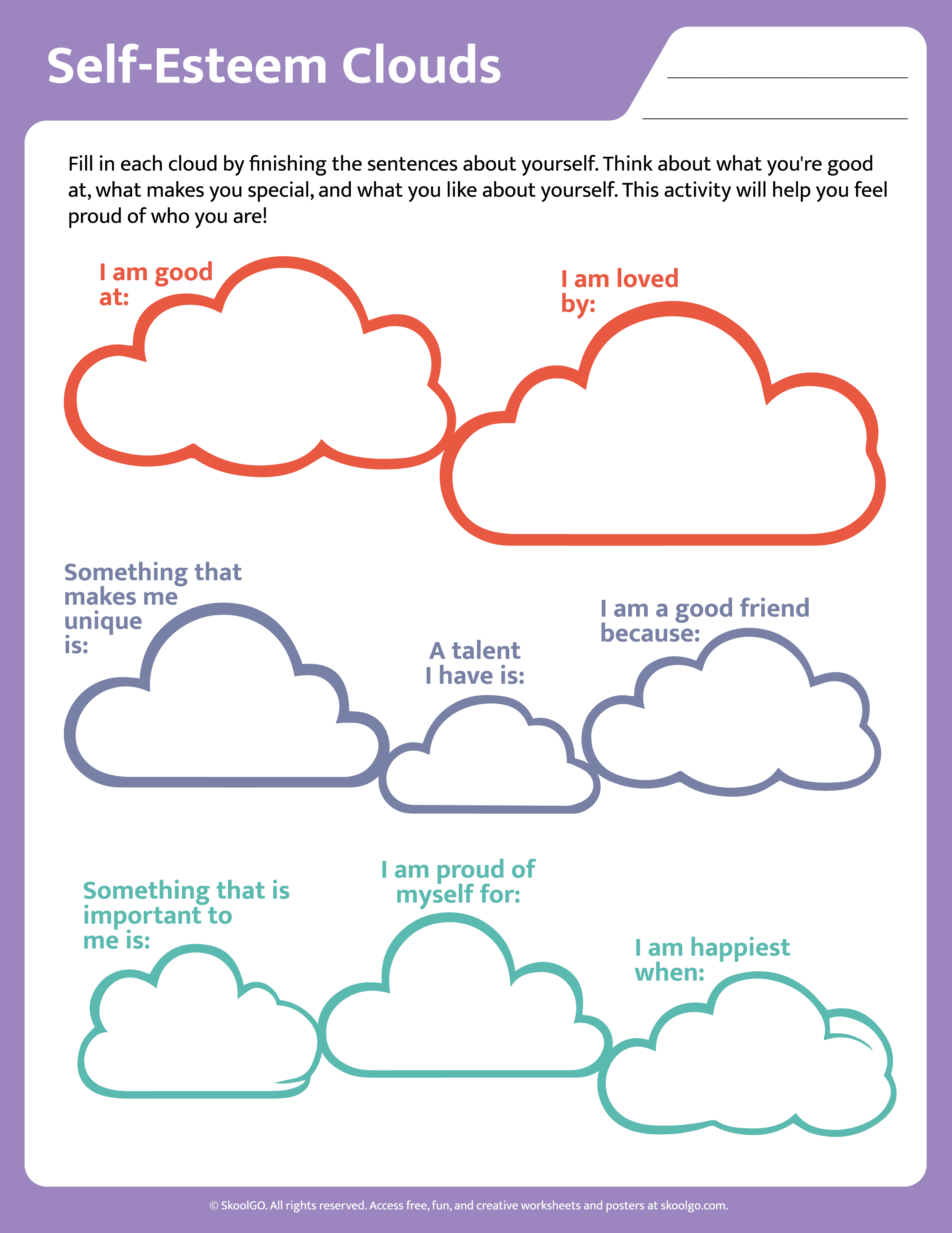 Self Esteem Clouds Free Printable For Grades 1 3 SKOOLGO