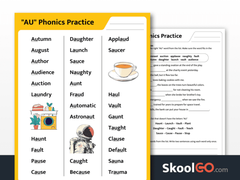 'AU' Sound Phonics Worksheet – Free PDF for Grades 1–3